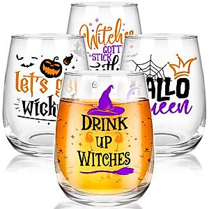 4 Pack Stemless Wine Glasses for Halloween, 15 Oz Funny Drinking Glasses Halloween Witch Cup Wine Glass Tumbler for Halloween Party Housewarming Gift Suitable Whiskey Cocktail Tea Water Juice