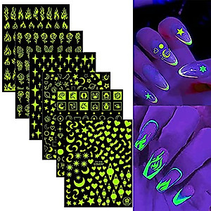 XJL 6 Sheets Luminous Flame Stars Moon Flowers Nail Art Stickers, 3D Self Adhesive Fire Constellation Star Butterfly Flower Heart Nail Design For Women Girls, Glow in Night, DIY Nail Decoration