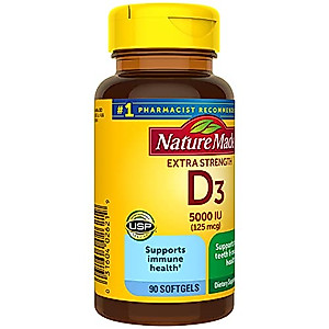 Nature Made Extra Strength Vitamin D3 5000 IU (125 mcg), Dietary Supplement for Bone, Teeth, Muscle and Immune Health Support, 90 Softgels, 90 Day Supply