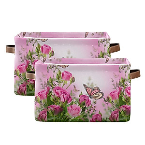ALAZA Pink Rose Floral Butterfly Foldable Storage Box Storage Basket Organizer Bins with Handles for Shelf Closet Living Room Bedroom Home Office 1 Pack
