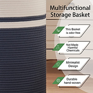 OIAHOMY Laundry Hamper Cotton Rope laundry Basket, 58L Large Woven Clothes Hamper, Collapsible Laundry Baskets with Handles, Nursery Hamper, Storage Clothes Toys in Bedroom, Baby Room (Army Blue)