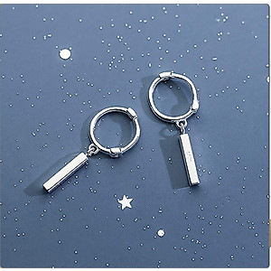 Reffeer Solid 925 Sterling Silver Bar Hoop Earrings Huggie for Women Small Bar Huggie Earrings Drops (A-Silver)