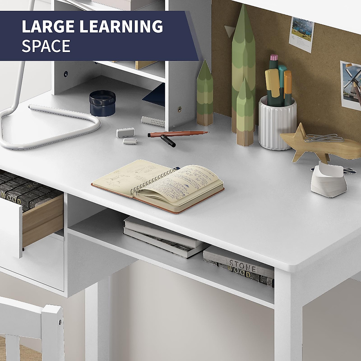 ijuicy Kids Desk and Chair Set, Kid Study Desk with Hutch & Cork Bulletin Board, Children's Wooden Study Desk with Storage Shelves & 2 Closed Drawers, Student Desk with Chair for Study, White