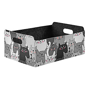 CaTaKu Foldable Storage Basket Black and White Сats Collapsible Felt Storage Bins with Handle Drawer Organizer Bin Cube Shelf Box for Organizing Closet Clothes Office Books Bedroom
