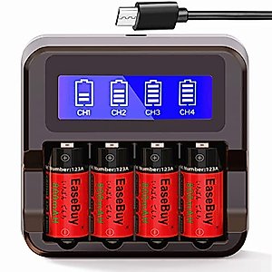 Batteries Rechargeable for Arlo, EaseBuy 4-Pack 800mAH 123A Arlo Batteries and LCD Display CR123A Charger for Arlo VMS3130 VMC3030 VMK3200 VMS3330 3430 3530 Cameras, Alarm System, Flashlight