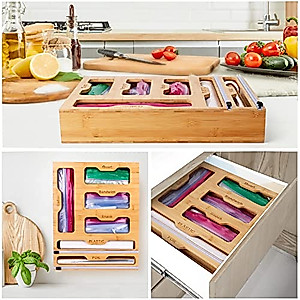TOOVREN Ziplock Bag Storage Organizer and Wrap Dispenser with Cutter and Labels, 2 in 1 Bamboo Kitchen Drawer Organizer, Foil and Plastic Wrap Organizer, Plastic Baggie Organizer Food Bag Organizer