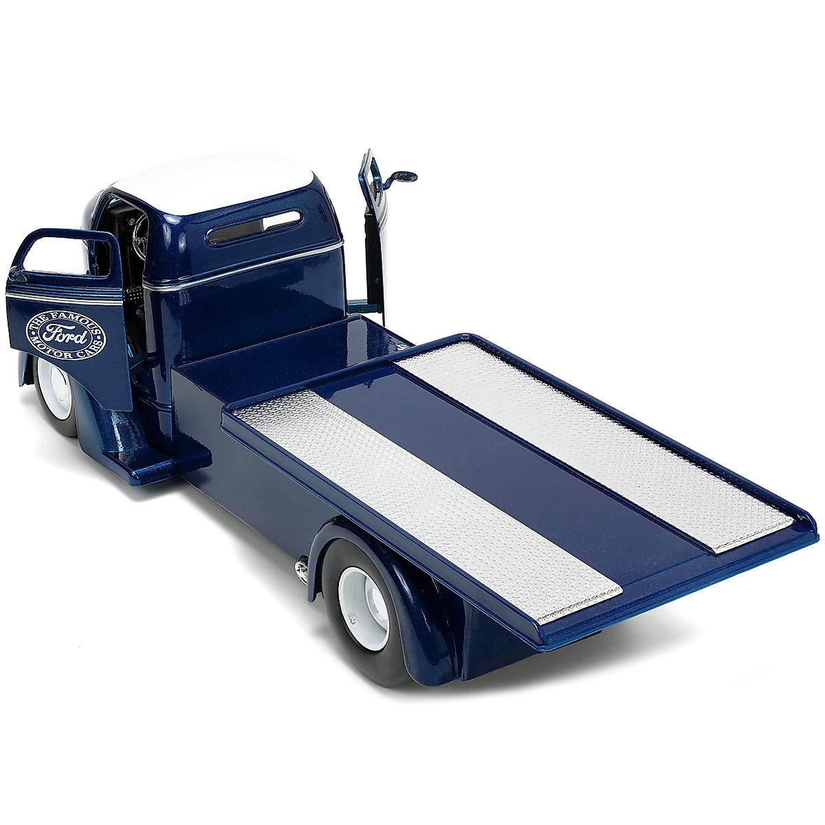 Jada Toys Just Trucks 1:24 1947 Ford COE Flatbed Die-cast Car Dark Blue/White with Tire Rack, Toys for Kids and Adults