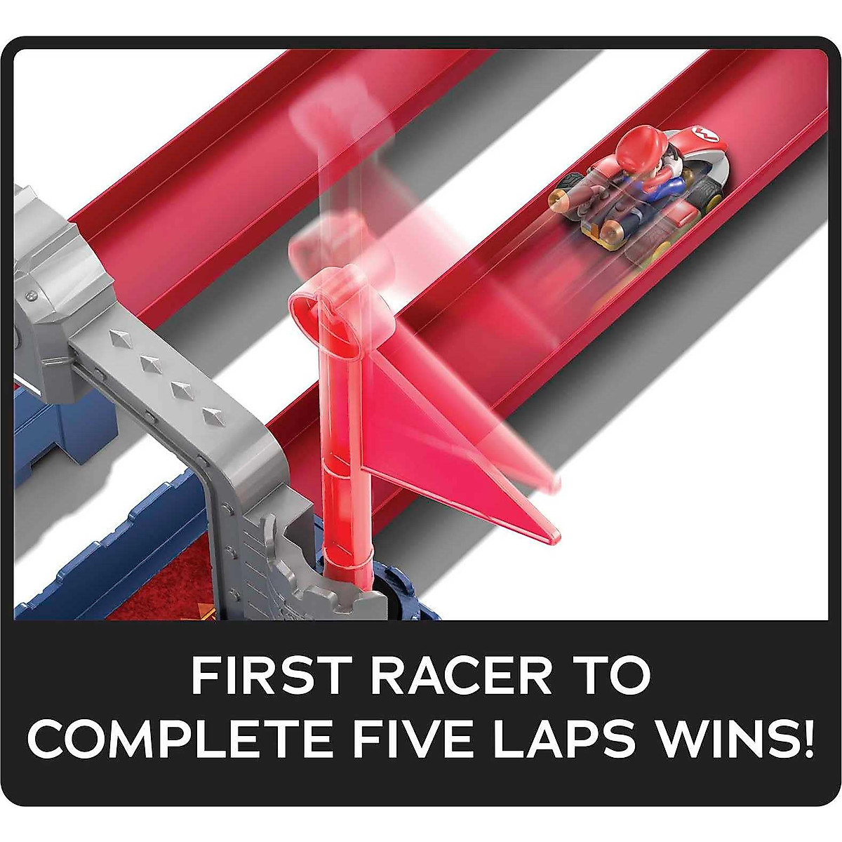 Hot Wheels Mario Kart Bowser’s Castle Chaos Modular Track with Side by Side Racing Lap Flags and Bowser Figure Connects to Other Sets Gift idea for Ages 3 Years and Older