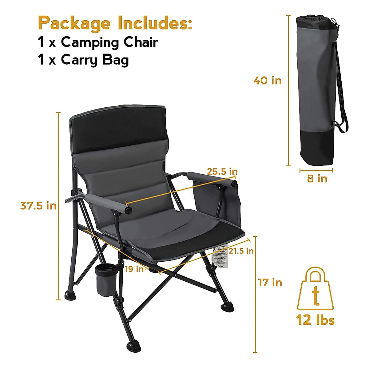 Pacific Pass Heavy Duty Padded Chair w/ Built-In Storage and Cup Holder, Includes Bag - Polyester, Black
