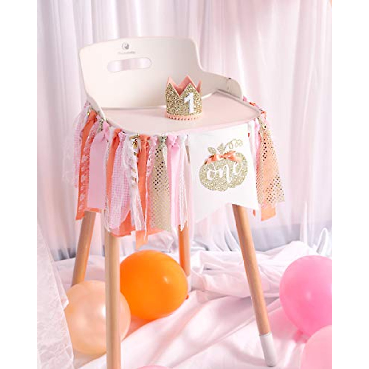 WAOUH Pumpkin Banner for 1st Birthday - Highchair Banner for First Birthday Theme Decoration, Cake Smash Photo Prop, Pumpkin crown hat, Fabric Rag Garland Banner.