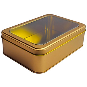 hadaaya Gold Rectangular Tin Container With Clear Lid, Single Piece Christmas Cookie Tin, Festive Tin for Gift Giving & Holiday Treats - Multipurpose Use Medium Size Tin Container