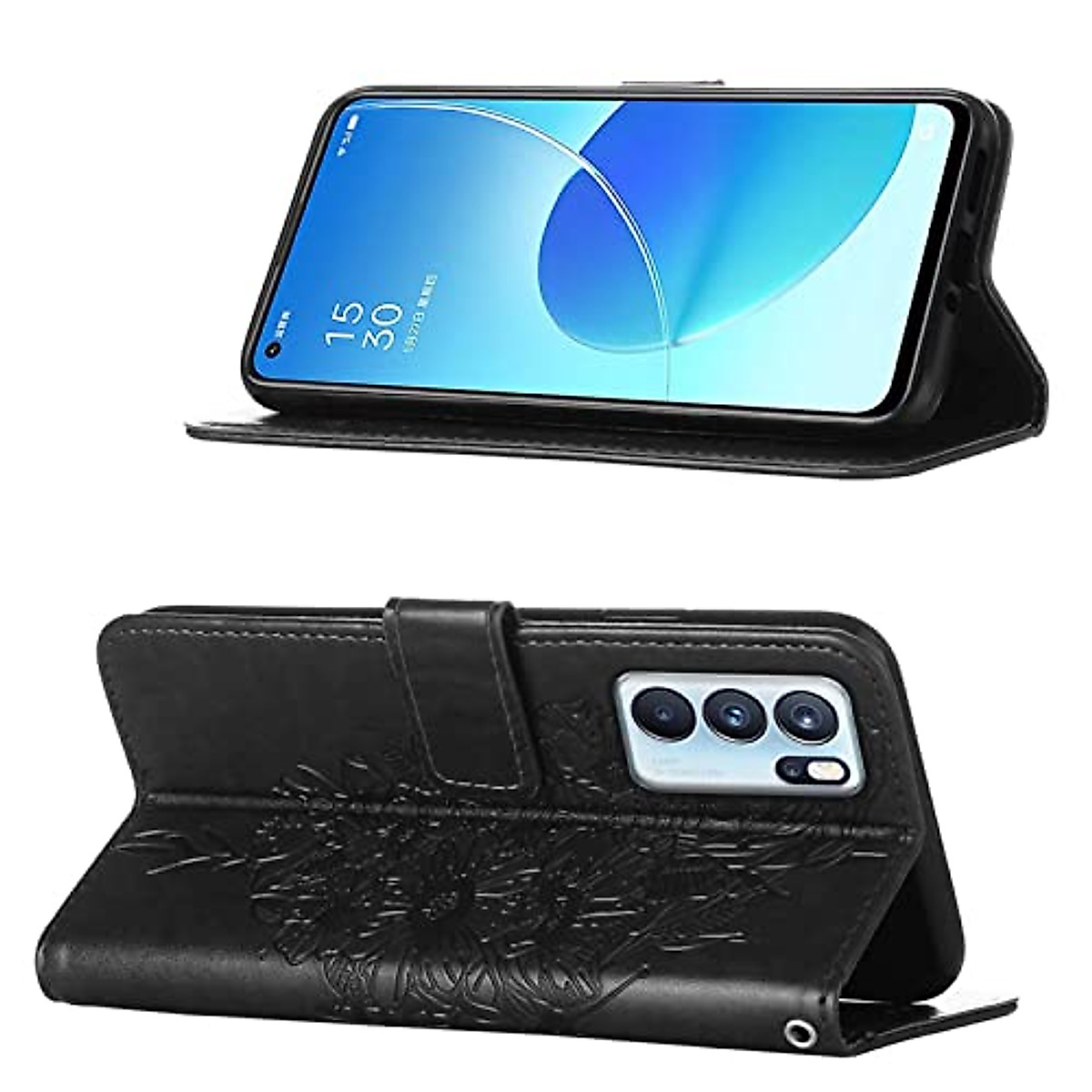 ONV Wallet Case for Oppo Reno 6 Pro 5G - Butterfly Embossed Phone Case with Card Holder Lanyard Stand Case Leather Magnetic Closure Flip Cover for Oppo Reno 6 Pro 5G [by] -Black