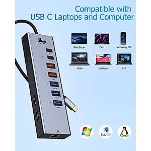 8K Dual HDMI USB C Hub 10Gbps Laptop Docking Station USB C to Dual 4K Monitor for Dell/HP/Lenovo, 10-in-1 USB C Adapter Dongle with Gigabit Ethernet, 2 USB 3.1, 3 USB 3.0, USB C Data and PD Charging