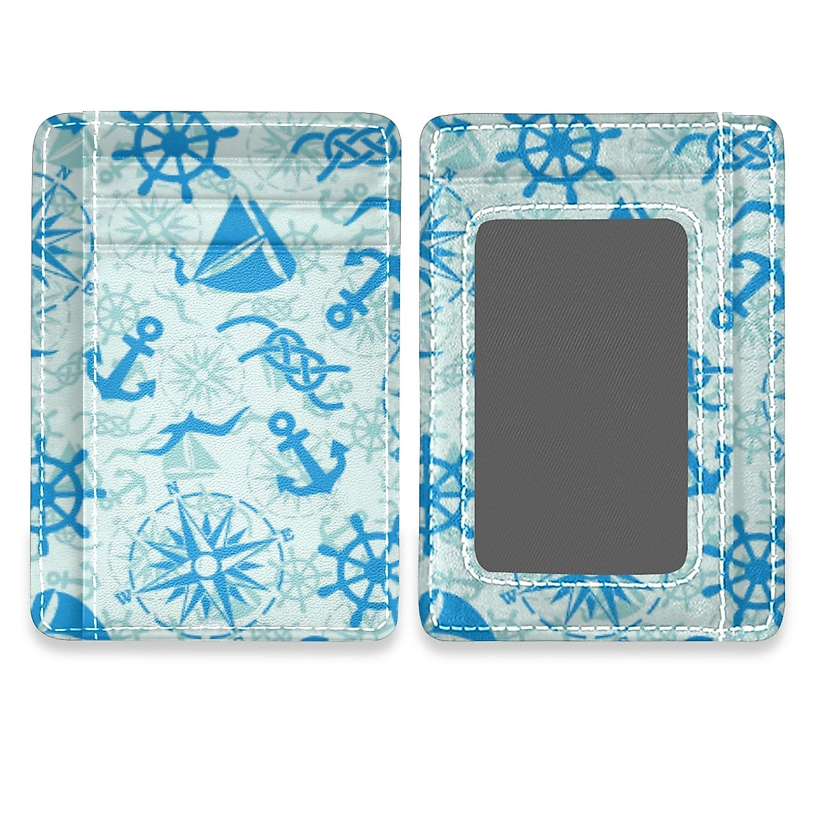 Linomo Thin leather Card Holder and Money Clip Nautical Anchor Compass Wallet RFID Blocking for Men & Women
