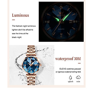 OLEVS Women Watch Fashion Rose Gold Diamond Analog Quartz Female Watch for Women Luxury Dress Ladies Stainless Steel Luminous Waterproof Date Wrist Watch Blue