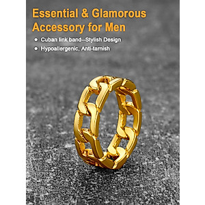 U7 Men Women 18K Gold Plated 7mm Wide Band Cuban Link Chain Ring, Size 7