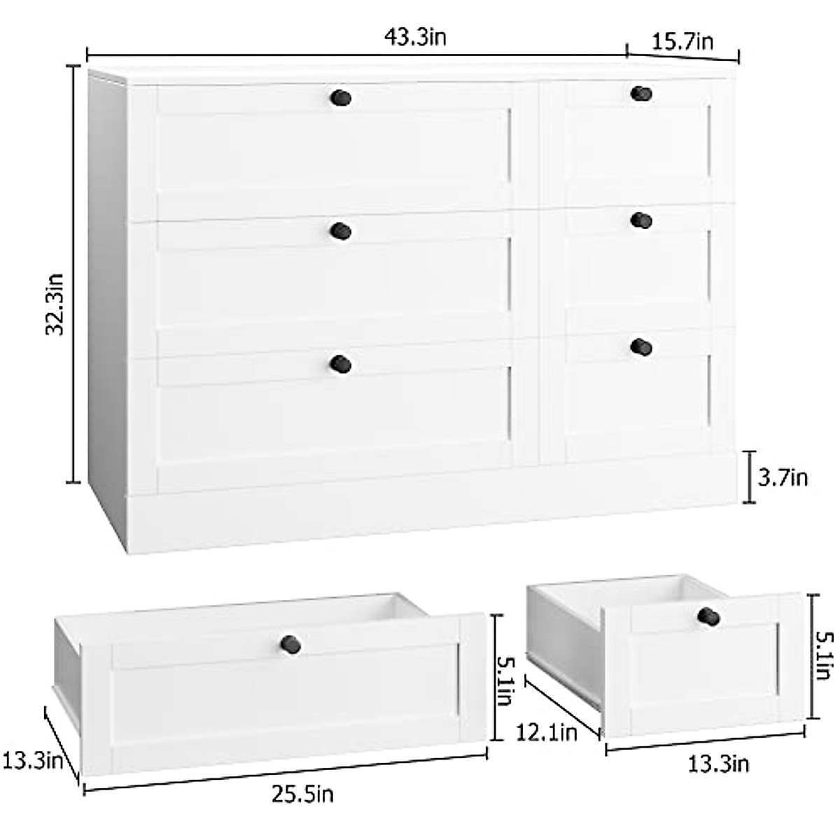 HOSTACK 6 Drawer Double Dresser, White Dresser Chest of Drawers, Wide 6 Drawer Chest, Wood Dresser Storage Cabinet with Deep Drawers for Living Room, Hallway, Entryway, White