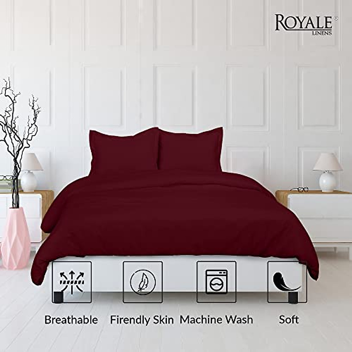ROYALE Burgundy Duvet Cover Queen Size - Washed Duvet Cover Set, 3 Piece Double Brushed Duvet Covers with Button Closure & Corner Ties - 1 Duvet Cover 90x90 inches and 2 Pillow Shams - Comforter Cover