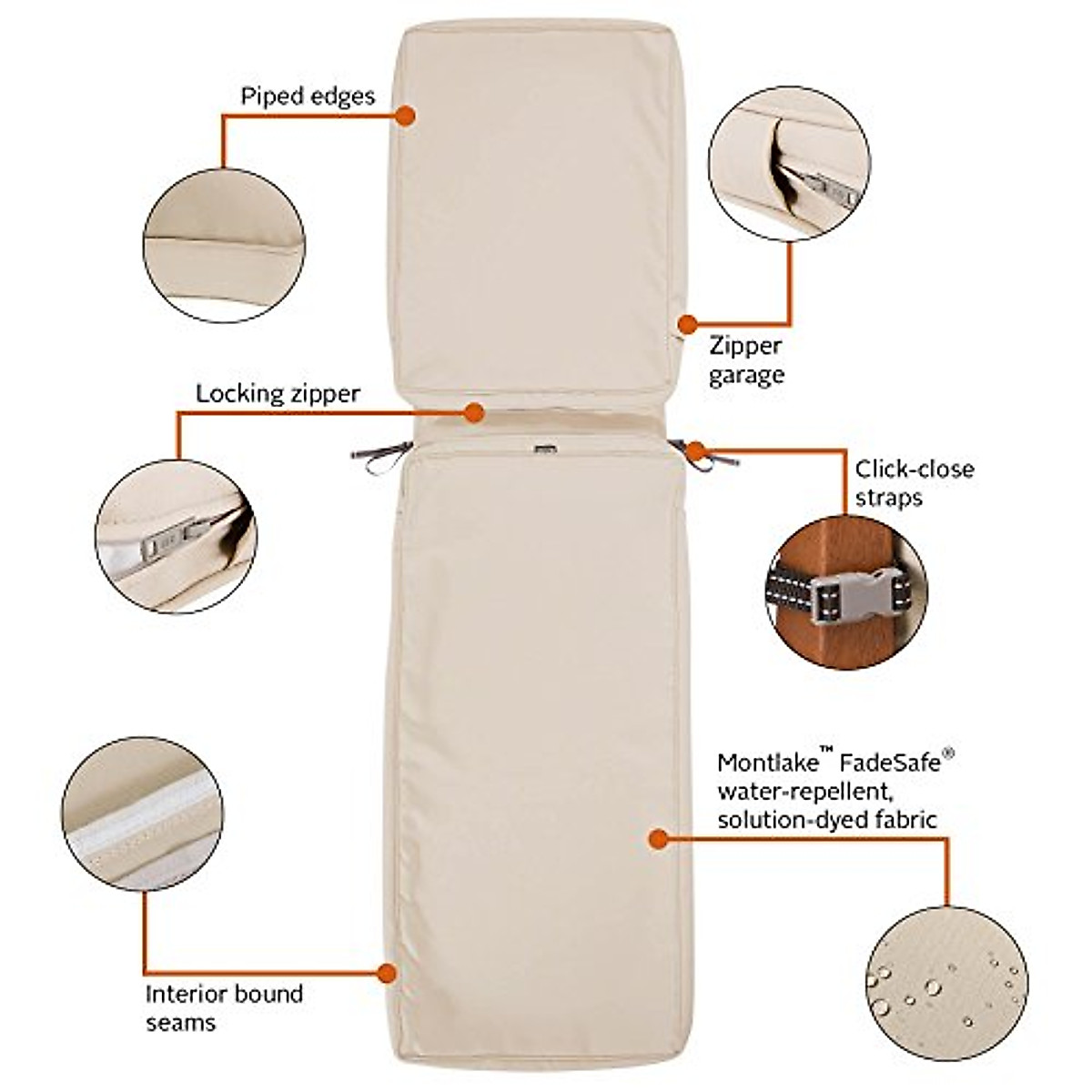 Classic Accessories Montlake FadeSafe Water-Resistant 80 x 26 x 3 Inch Outdoor Chaise Lounge Cushion Slip Cover, Patio Furniture Cushion Cover, Antique Beige, Patio Furniture Cushion Covers