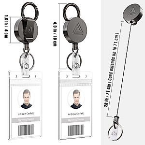 2 Pack Heavy Duty Metal Retractable Badge Holder Reel with Belt Clip Key Ring and Waterproof Vertical Clear ID Card Holder + 2 Extra Carabiner Key Chain Rings, 28 inches Strong Dyneema Pull Cord