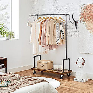 VASAGLE Rolling Clothes Rack, Garment Rack for Hanging Clothes with Wheels, Hanging Rail and Shelf, Heavy-Duty, Industrial Pipe Design, Rustic Brown and Black URGR110B01