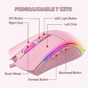 Havit RGB Gaming Mouse Wired Programmable Ergonomic USB Mice 4800 Dots Per Inch 7 Buttons & 7 Color Backlit for Laptop PC Gamer Computer Desktop (Pink) (Renewed)