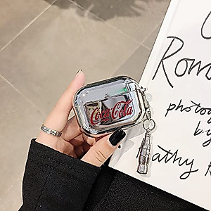 Soft TPU Silver Electroplating Case with Coke Bottle Charm and Keychain Necklace for Apple AirPods 3 AirPods3 2021 Latest Model Red Logo Drink Cool Modern Creative Girls Boys Men