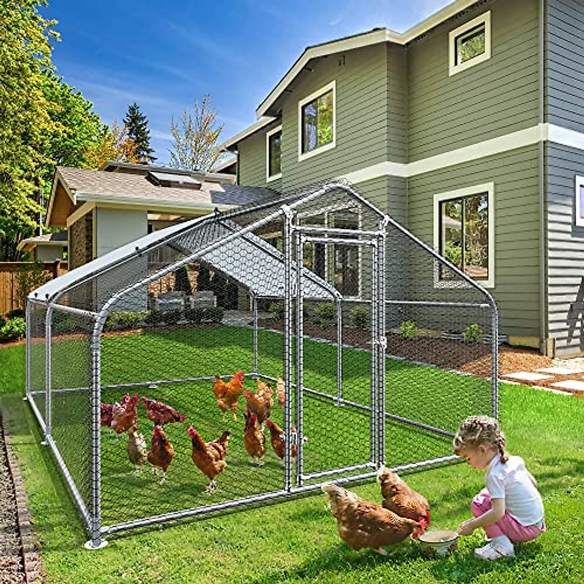 YITAHOME Large Metal Chicken Coop Walk-in Poultry Cage Hen Run House Duck House Rabbits Habitat Cage Spire Shaped Coop with Waterproof and Anti-Ultraviolet Cover for Outdoor Back Yard Farm Use-2 Cages