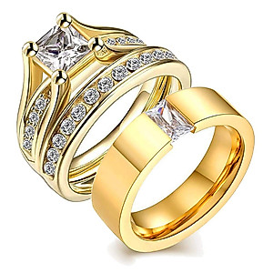 Two Rings His Hers Wedding Ring Sets Couples Rings Women's 10k Yellow Gold Filled White CZ Wedding Engagement Ring Bridal Sets & Men's Stainless Steel Wedding Band