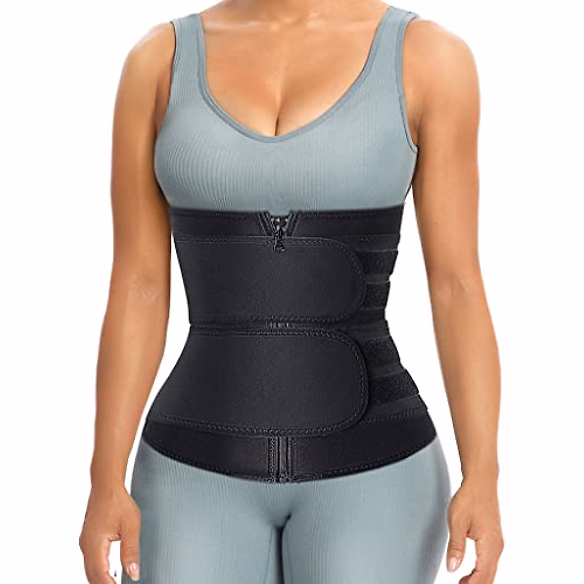 HOPLYNN Sweat Waist Trainer for Women Two Belts, Neoprene Workout Corset Waist Trainer Cincher Trimmer Shaper Zipper Black Medium