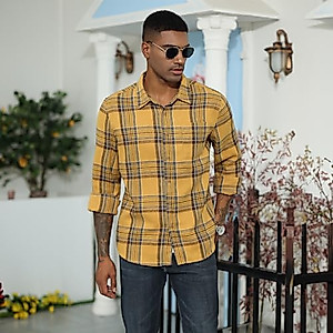 Mens Plaid Flannel Shirts Casual Long Sleeve Button Down Shirts Vintage Tops with Pocket Yellow M