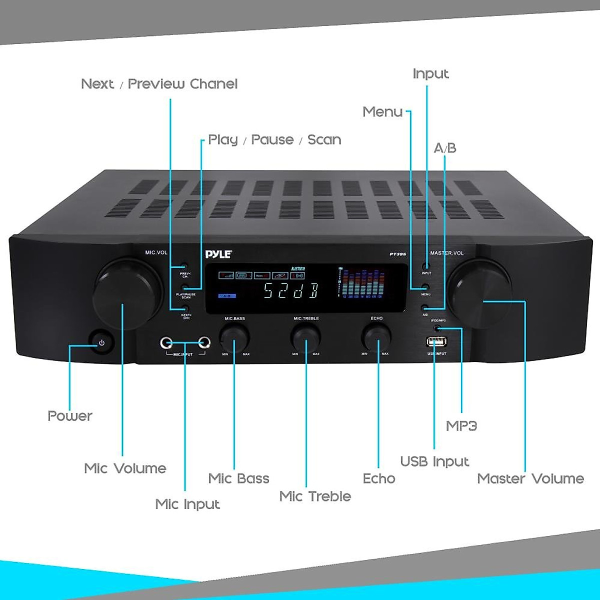 Pyle Updated Premium Pyle Stereo Preamplifier, Home Entertainment Receiver, Bluetooth Amp, RCA Audio Input, 2 Channel Amp, AM/FM Radio with LCD Display, MP3/USB/AUX, AC Power Cable PT395
