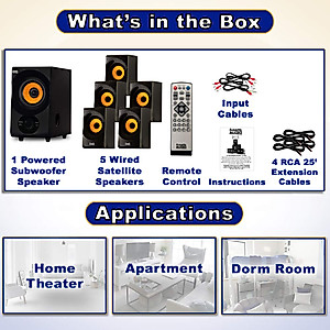 Acoustic Audio by Goldwood Acoustic Audio AA5170 Home Theater 5.1 Bluetooth Speaker System with FM and 4 Extension Cables, Black