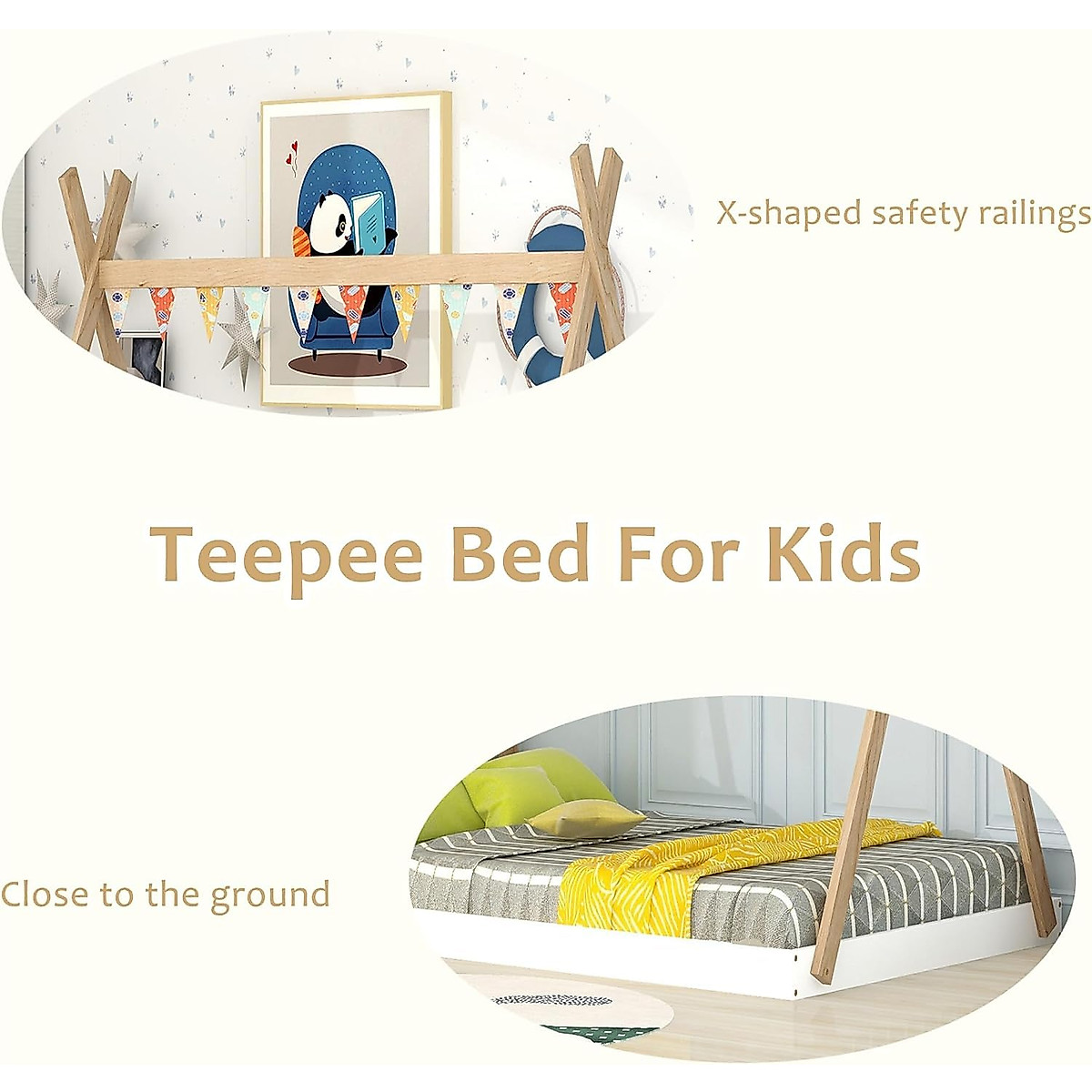 Full Size Teepee Bed for Kids,Tent Floor Bed Frame with Triangle Structure,Montessori Floor Bed for Girls Boys(Full,White)