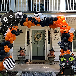 Halloween Balloon Garland Arch Kit, Halloween Party Decorations with Bats & Black Cat Foil Balloons Black Orange White Balloons, Happy Halloween Banner, Halloween Party Decor Supplies