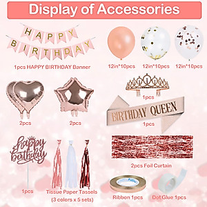 Rose Gold Birthday Decorations for Women - Quesen Birthday Party Supplies with Happy Birthday Banner, Queen Sash, Crown, Cake Topper & Balloons, Pink Birthday Party Decor Favors for Women Girls Kids
