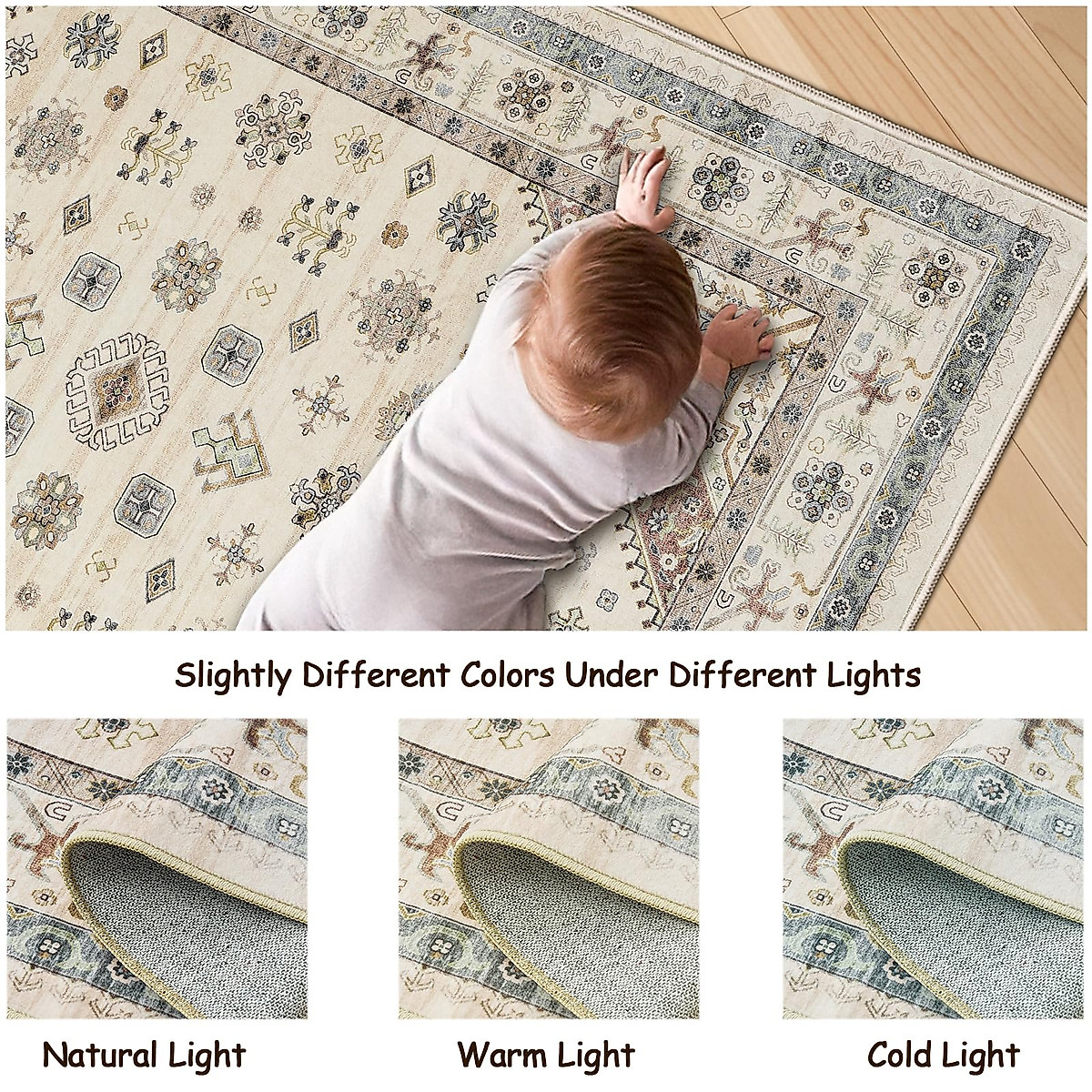 Roxstand 6x9 Area Rugs for Bedroom, Washable Rug with Non-Slip Backing, Ultra-Thin Rugs for High-Traffic Areas, Super-Soft Vintage Farmhouse Large Area Rug (Beige, 6'x9')