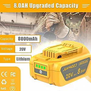 JUNWOOD 2Pack 8.0Ah Lithium Replacement for Dewalt 20V Battery Max XR Cordless Tools DCB180 DCB205 DCB206 DCB206-2 DCB200 DCB204 DCB204BT-2 DCB203 DCB201 DCB207