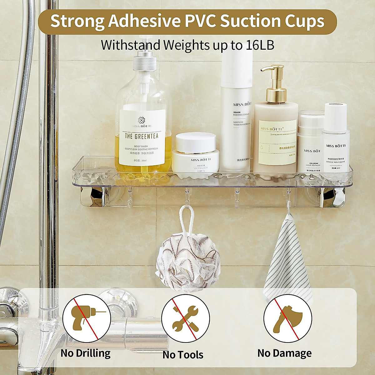 Sorgion Shower Caddy Bathroom Shelves Corner 2 Pack Bathroom Organizers and Storage with 4 Hooks Bathroom shelves Suction Cup Shower Caddy for Bathroom, Dorm and Kitchen