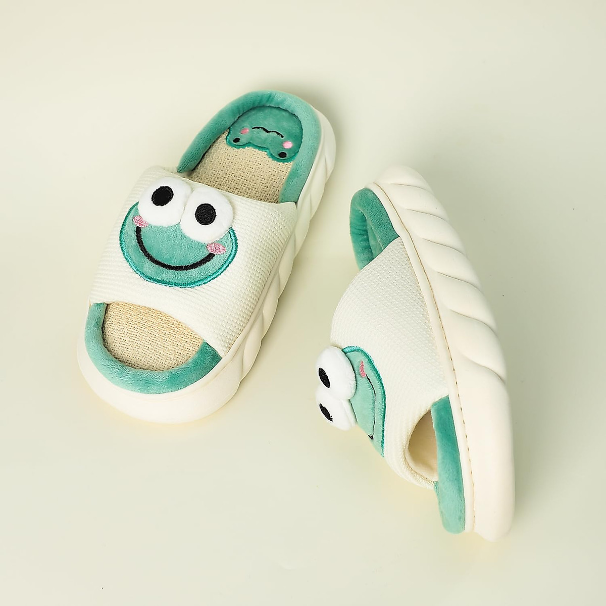 Gaolinci Cartoon Animal Shape Slippers, Womens Four Seasons Home Linen Slippers (Frog-US 8-9)
