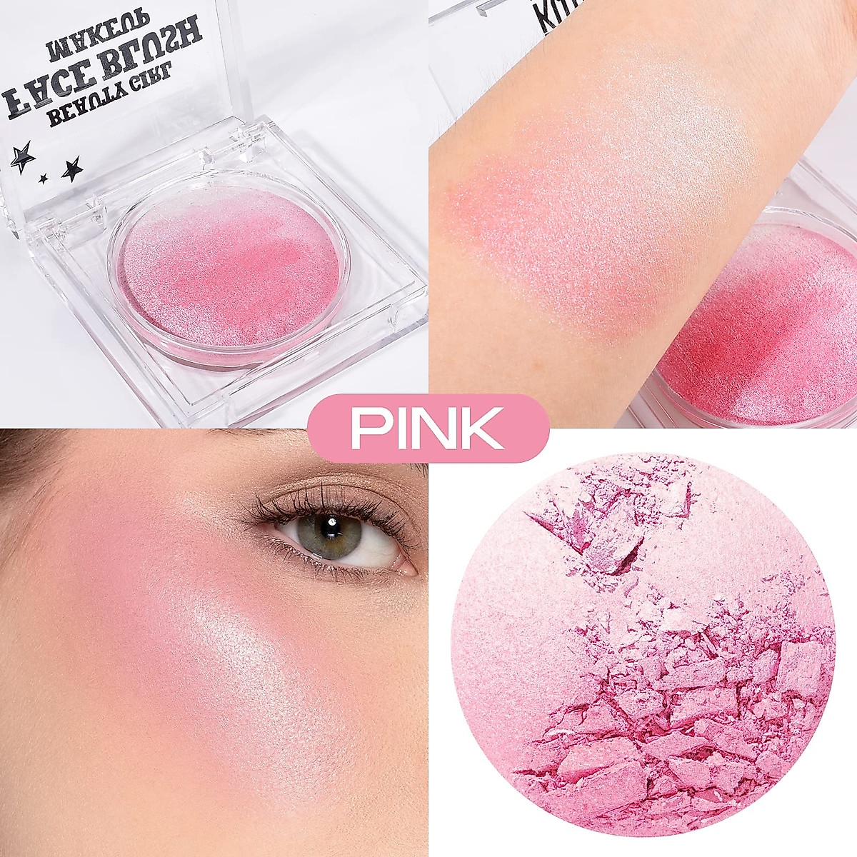 KYDA Pink Blush Powder, Pink Face Highlighter Baked Blush, Shimmer Blush for Natural Glowing Finish, Lasting Lightweight Buildable Easy To Blend-Pink