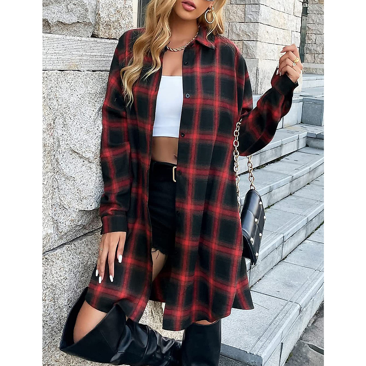 HangNiFang Long Flannel Shirts for Women Button Down Plaid Shirts Dresses Pocketed(0652-Red-XXL)