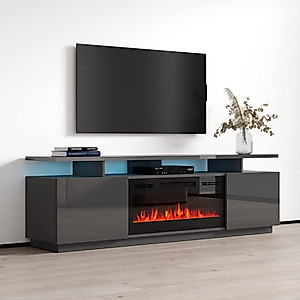 Eva-KBL Fireplace TV Stand for TVs up to 80", Modern High Gloss 71" Entertainment Center, Electric Fireplace TV Media Console with Storage Cabinets and LED Lights