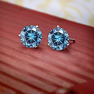Gem Stone King 14K White Gold Persian Blue Moissanite 3 Prong Martini Screw Back Stud Earrings For Women (2.00 Cttw, Round 6.5MM)