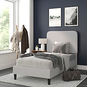 Flash Furniture Addison Platform Bed - Light Grey Fabric Upholstery - Twin - Headboard with Rounded Edges - Wood Slat Support - No Box Spring or Foundation Needed