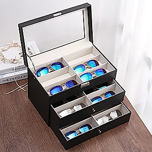 Nicunom 18 Slots Sunglasses Organizer Collector Eyeglasses Sunglass Glasses Storage Box Eyeglasses Eyewear Display Case with Drawer, Lockable, Black