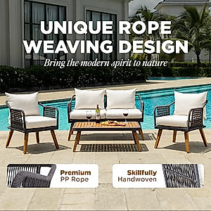 Idzo Serene Patio Conversation Sets, 800lbs Capacity FSC Certified Acacia Wood Outdoor Furniture with 3.9in Thick Soft Cushions, 4 Pieces Modern Rope_Cream Opal
