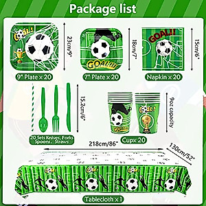 Soccer Party Supplies Serves 20 Guests - Including Happy Birthday Banner, Plates, Cake Toppers, Cups, Napkins, Tablecloth, Balloons, Straws, for Boys Kids Sports Birthday Party Decorations
