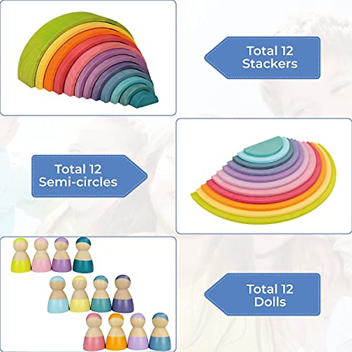 TEKOR 35 Pcs Wooden Rainbow Stacking Toy Set, Montessori Building Blocks for Toddler Girl Boy, Stacker Puzzle Educational Preschool Gifts for Kids, Semi-Circle, Stacking Blocks, Little Peg Dolls