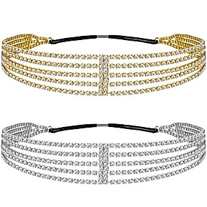 ANCIRS 2 Pack Multi Layered Elastic Headband for Women, Adjustable Rhinestone Bridal Headpieces, Stretchy Jewelry Hair Bands Accessories for Girls- Gold & Silver